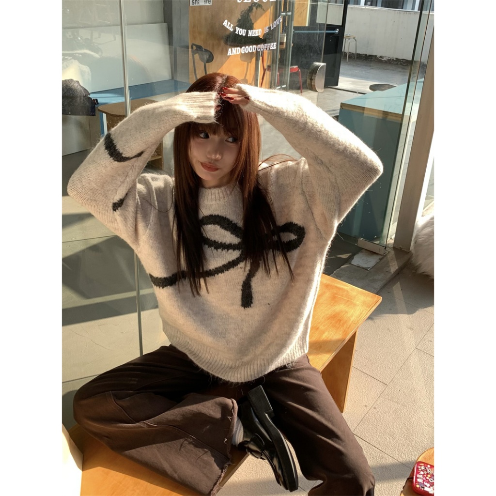 【JMWOMEN】เสื้อกันหนาว คอกลม ผ้าถัก ประดับโบว์ ทรงหลวม เข้ากับทุกการแต่ง ...