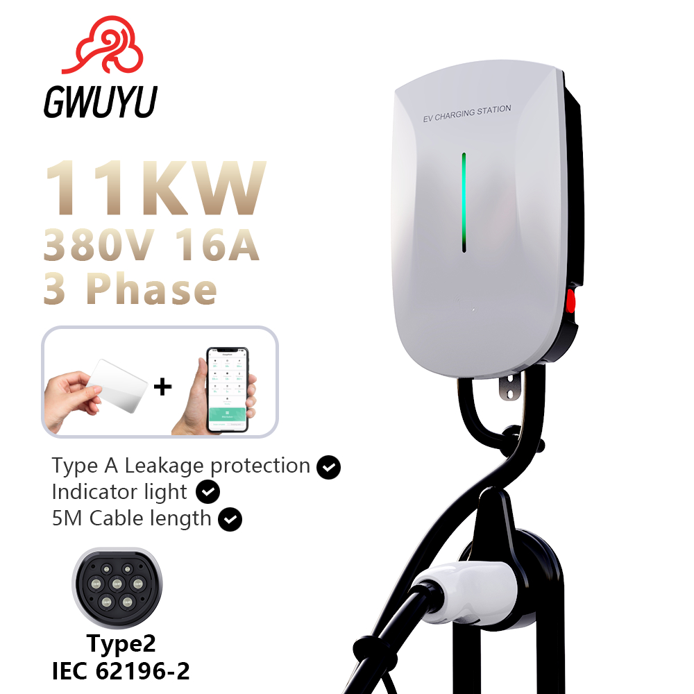 Gwuyu JZ30 EV แท่นชาร์จ Type 2 22KW 11KW 32A 3 เฟส APP WiFi RFID Card 5M Wallbox Electric ...