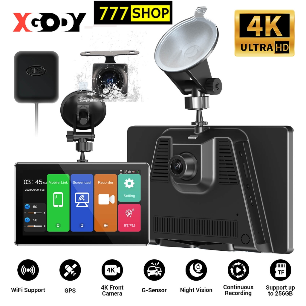 XGODY 4K Dash Camera screen 7" Ram Wifi GPS Wireless Carplay Wireless ...
