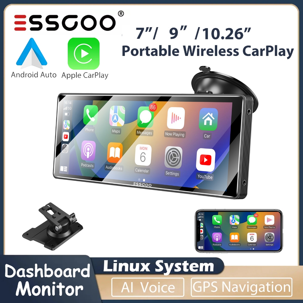 ESSGOO Wireless Carplay Dashboard Monitor Portable Car Radio Automotive Multimedia Player ...