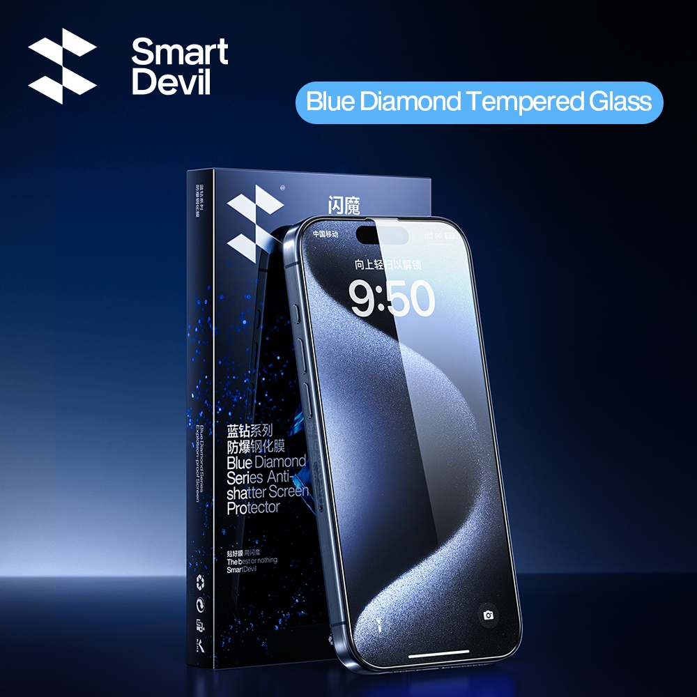 SmartDevil กระจกนิรภัย กันหล่น เต็มจอ ประดับเพชร สีฟ้า สําหรับ iPhone 15 15Pro 15Plus 15ProMax ...