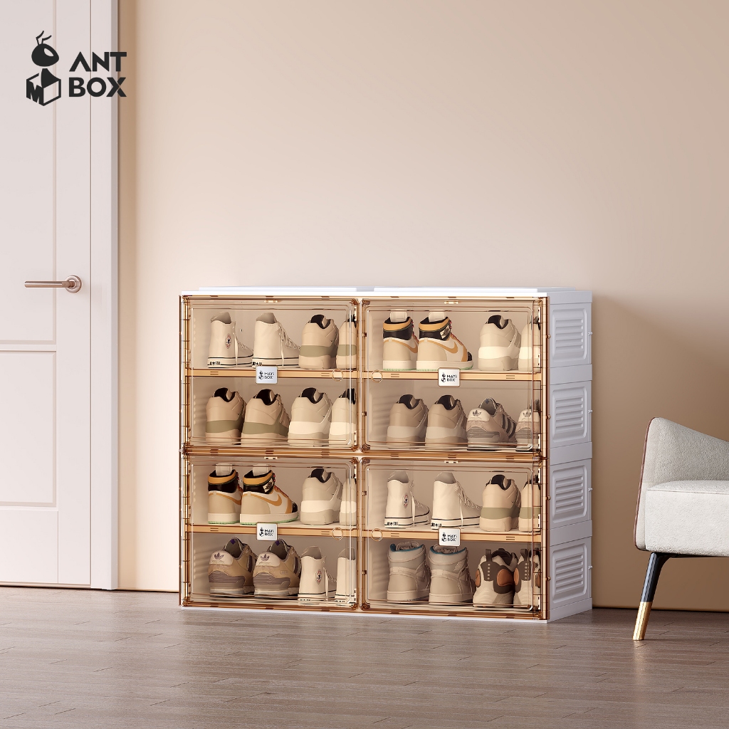ANTBOX ตู้รองเท้า 2 แถว 4 ชั้น 16 คู่ ติดตั้งง่าย พับเก็บได้ มีหลายช่องเก็บ ประตูแม่เหล็ก ...