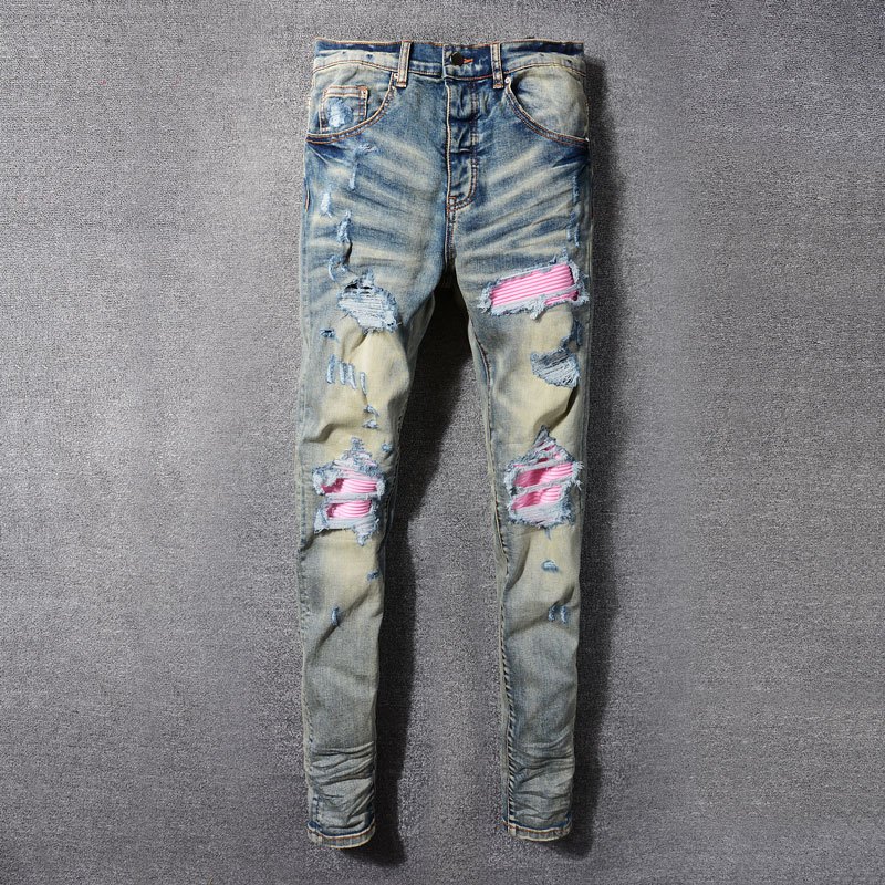 Amiri High Street Trendy Men Jeans Blue Slim Fit Perforated Pink Patch ...