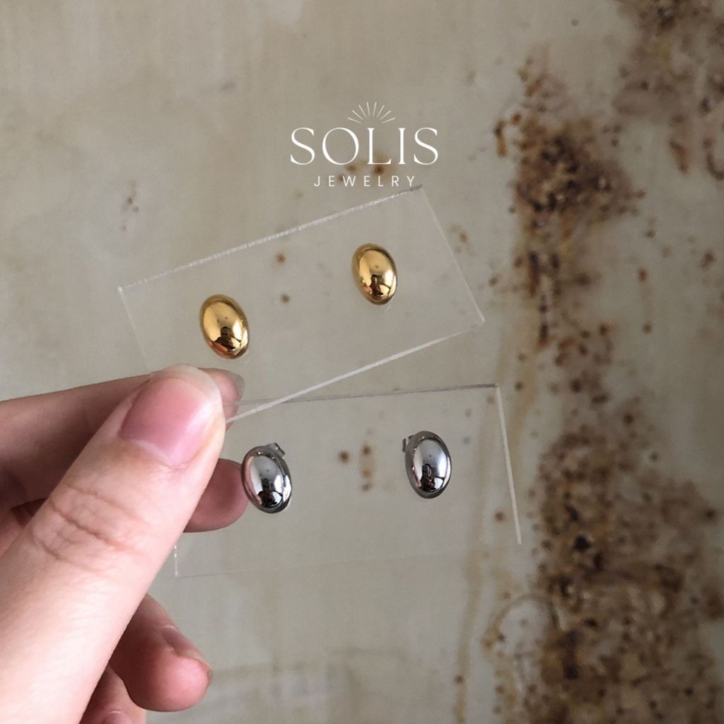 * 𝐒𝐎𝐋𝐈𝐒 *ต่างหูสตั๊ดทรงโดมทรงรี 1 คู่ • กันน้ำ แพ้ง่าย ชุบทอง 18K 316L สแตนเลสไทเทเนียมเหล็ก ...