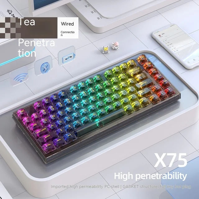 Xinmeng X75 คีย์บอร์ดบลูทูธไร้สาย 2.4g 82 คีย์ แบบมีสาย Rgb Pc ...