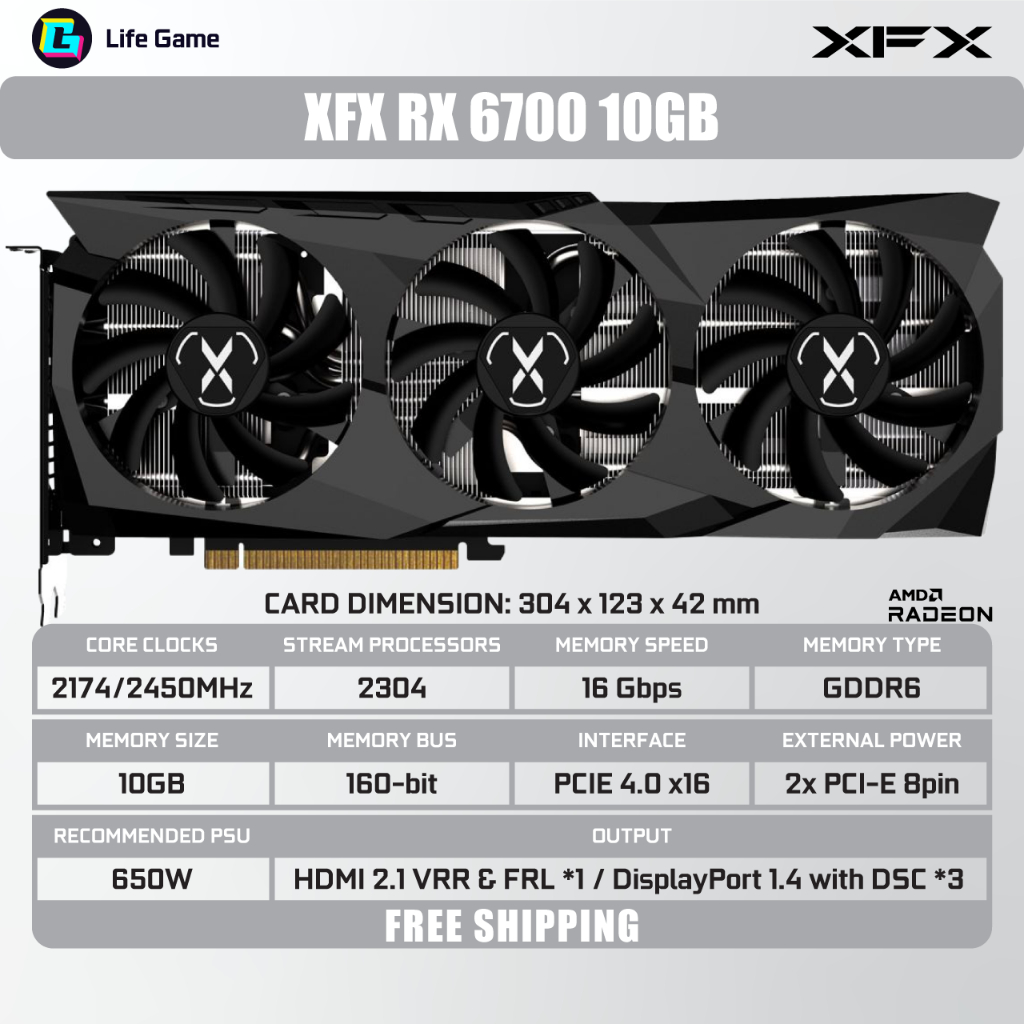 ใช้ XFX RX 6700 10GB GDDR6 AMD กราฟิกกราฟิกการ์ดกราฟิกการ์ด GPU RX6700 XL NEED RATED 650W PSU ...