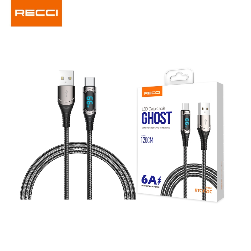 Recci RTC-P21 1.2 ม. 6A 66W USB-A to Type-C ดิจิทัล จอแสดงผล LED ชาร์จเร็ว สายเคเบิลข้อมูล ...
