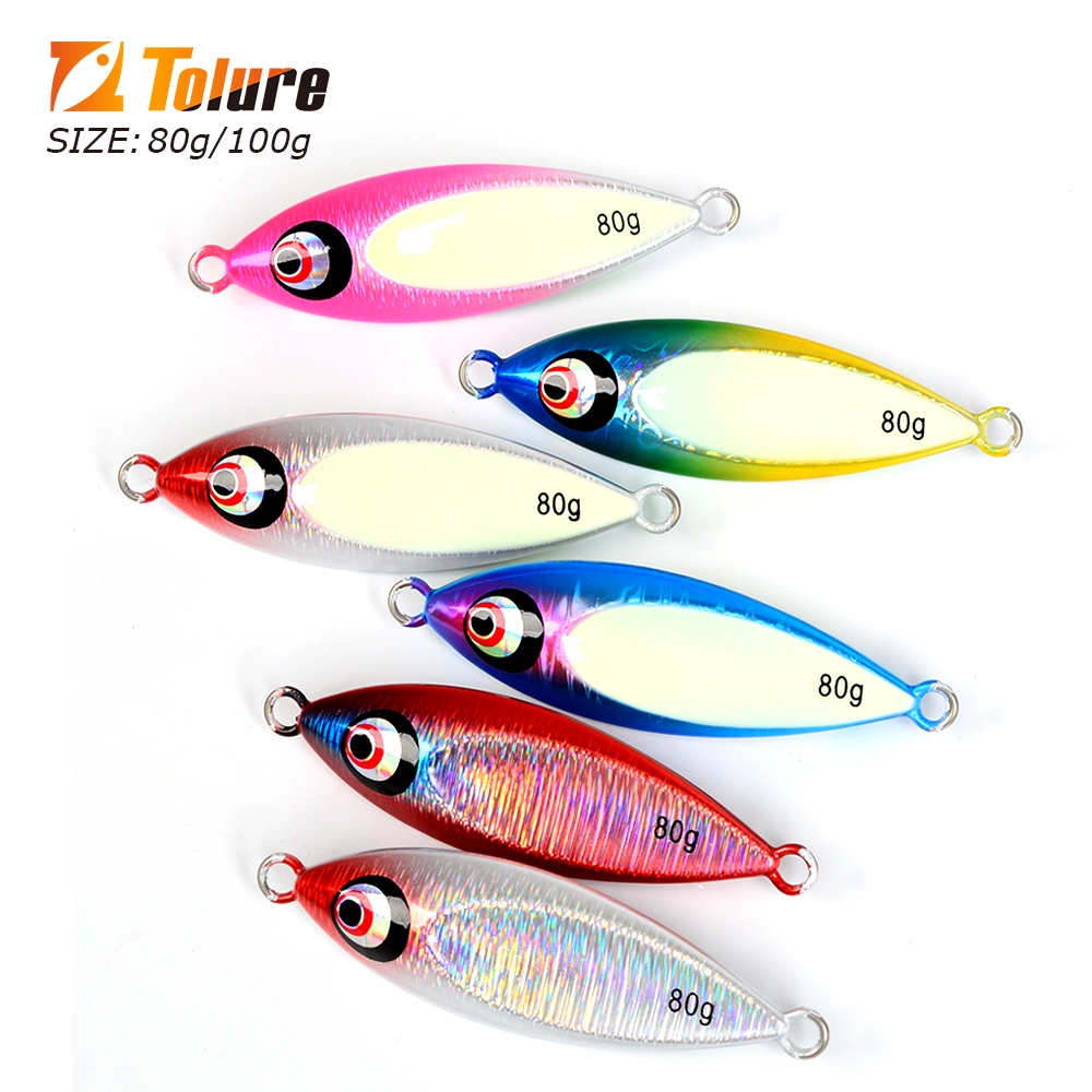 Tolure ใหม่ Jigging Lures 80g 100g ช้าจมโลหะ Jig Fishing Lure แบนเรืองแสงเหยื่อประดิษฐ์ยาวหล่อตก ...