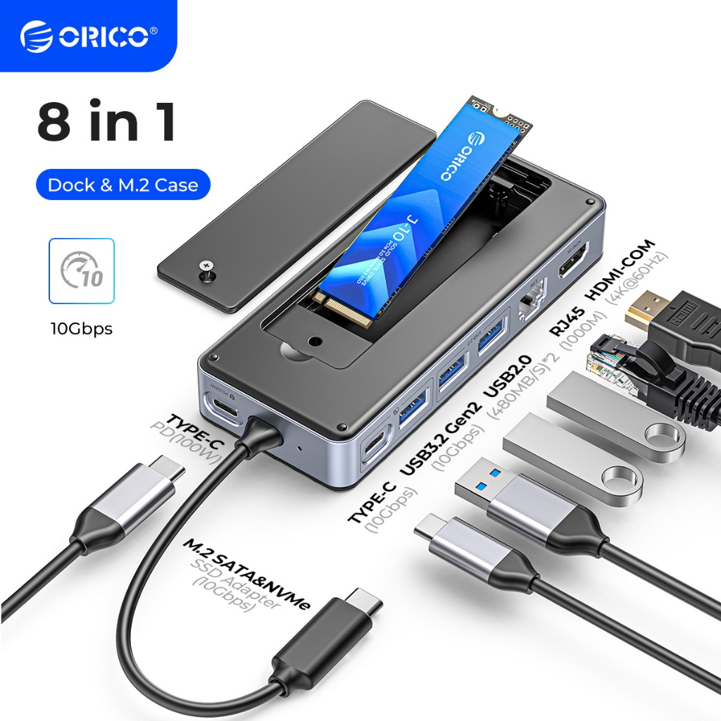 Orico แบบพกพา USB C HUB M.2 SSD Enclosure 8 in 1 Docking Station 4K 60Hz HDMI PD100W 10Gbps ...