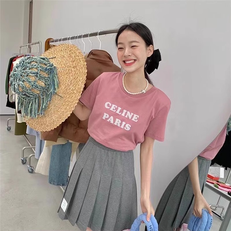 Celine ใหม่ เสื้อยืดลําลอง แขนสั้น พิมพ์ลายตัวอักษร โลโก้ ทรงหลวม สไตล์สปอร์ต สําหรับผู้หญิง ...