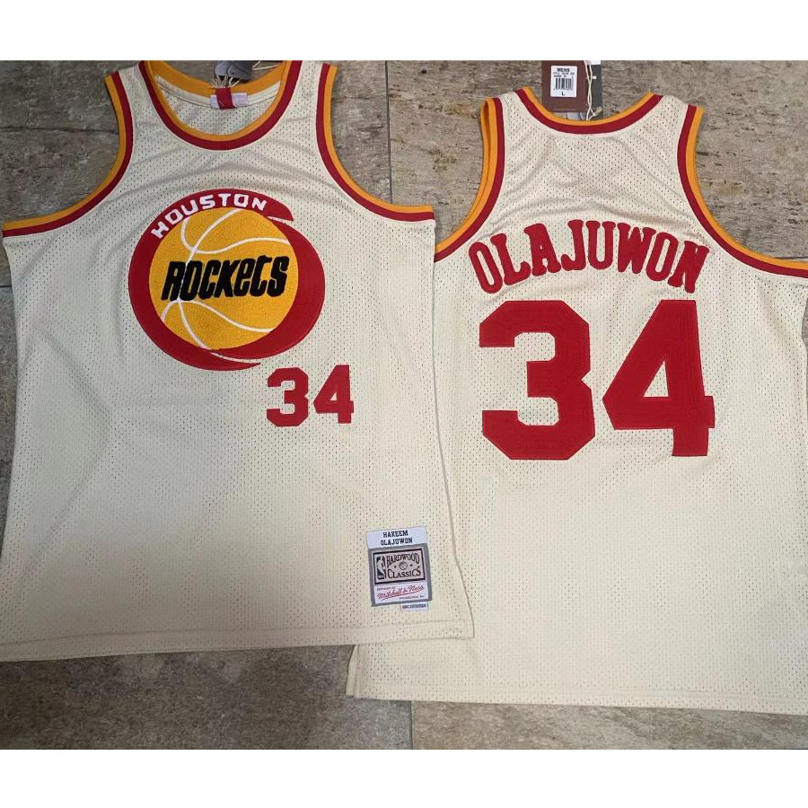 เสื้อบาสเก็ตบอลผู้ชาย Houston Rockets Hakeem Olajuwon ครีม Chainstitch ...