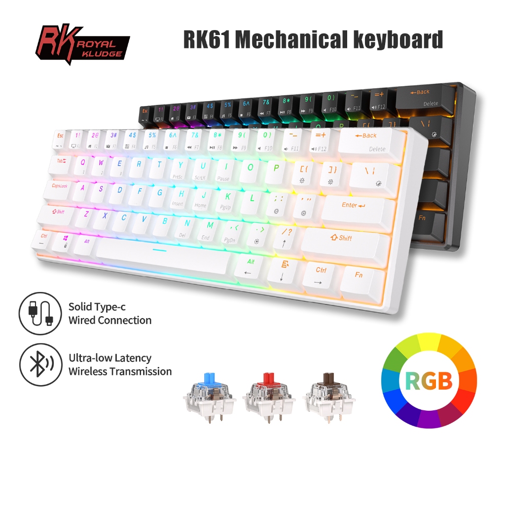 RK ROYAL KLUDGE RK61 RGB Backlit 2.4g Wireless Bluetooth 3.0 & USB C Mechanical Keyboard ...