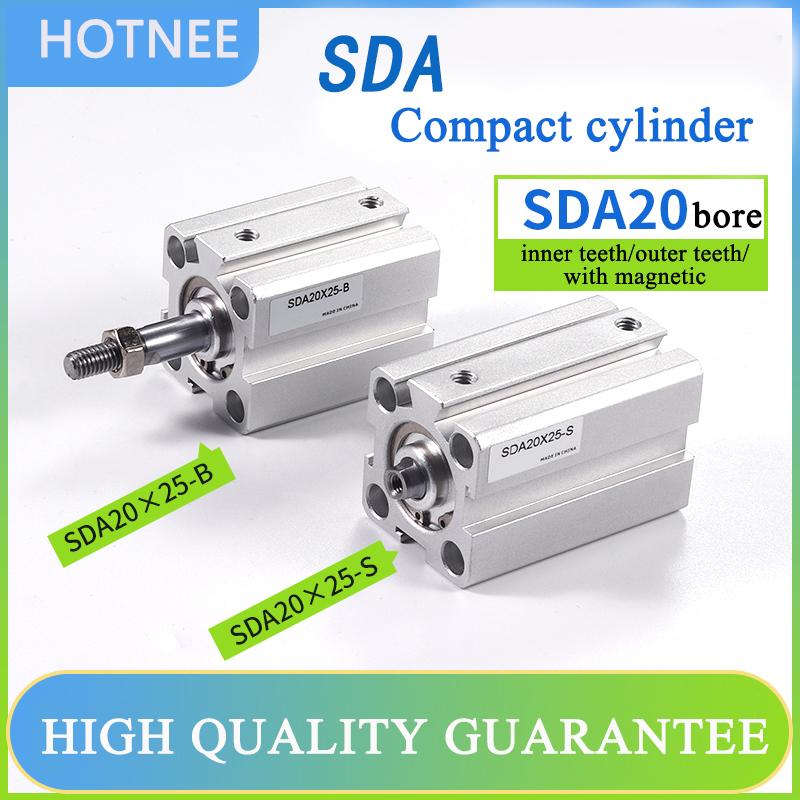 คุณภาพสูง SDA กระบอกลมนิวเมติก 20 มม.Bore Compact กระบอก SDA20-10X15X20X30X40X50X75X100 SDA ...