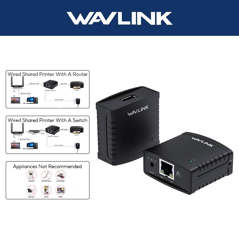 Wavlink Print Server ปริ้นเซิร์ฟเวอร์ อะแดปเตอร์เซิร์ฟเวอร์ไร้สาย USB2 ...