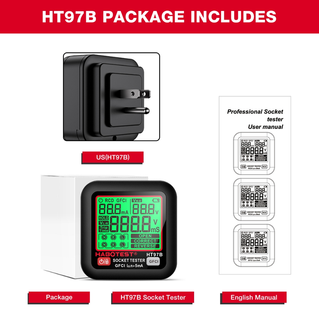 Habotest HT97 GFCI เครื่องทดสอบซ็อกเก็ตไฟฟ้าอัจฉริยะ พร้อมจอแสดงผล ...