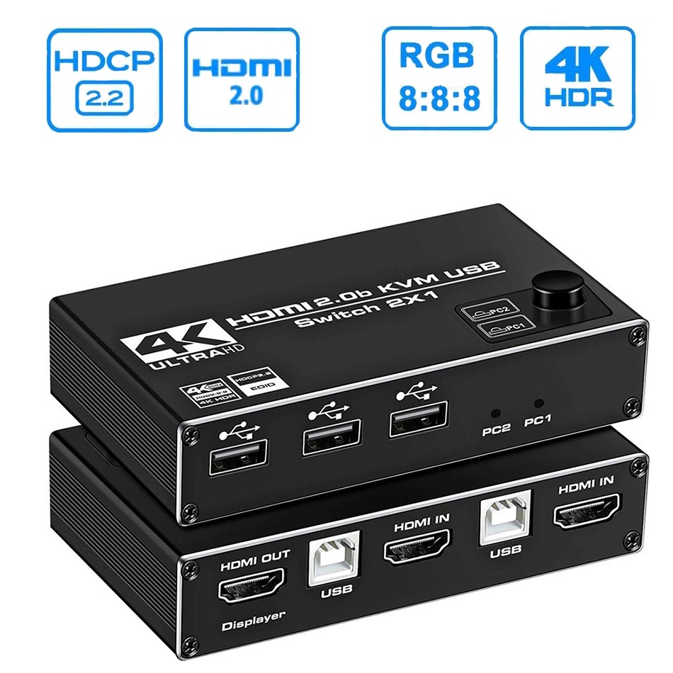 สวิตช์ HDMI KVM 4K@60Hz สวิตช์ USB 2x1 พอร์ต HDMI2.0 และพอร์ตแชร์ USB ...