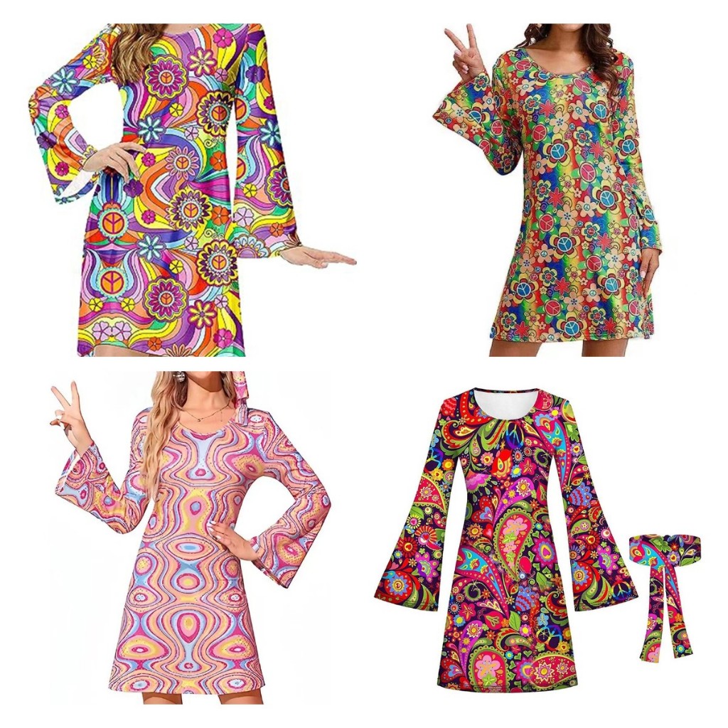 70s ผู้หญิง Happie เครื่องแต่งกาย Retro พิมพ์ Flared Sleeve Dress พร้อม ...