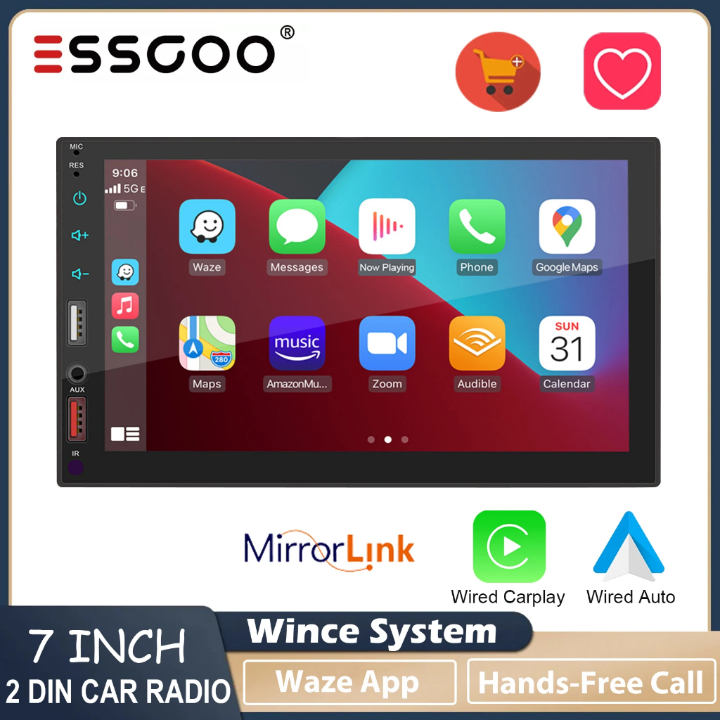 ESSGOO 2 Din Car Radio Multimedia Player Apple CarPlay 7" Touchscreen MirrorLink FM Radio ...