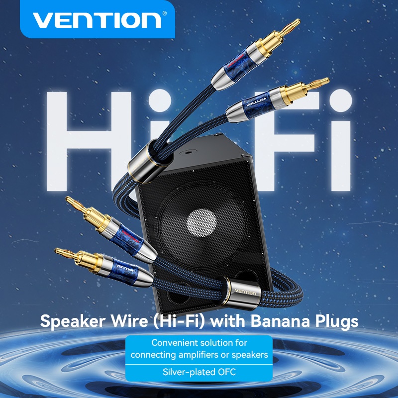 Vention สายลําโพง (Hi-Fi) พร้อมปลั๊กกล้วยคู่ สีฟ้า ลวดถักเปีย สายสัญญาณ ...