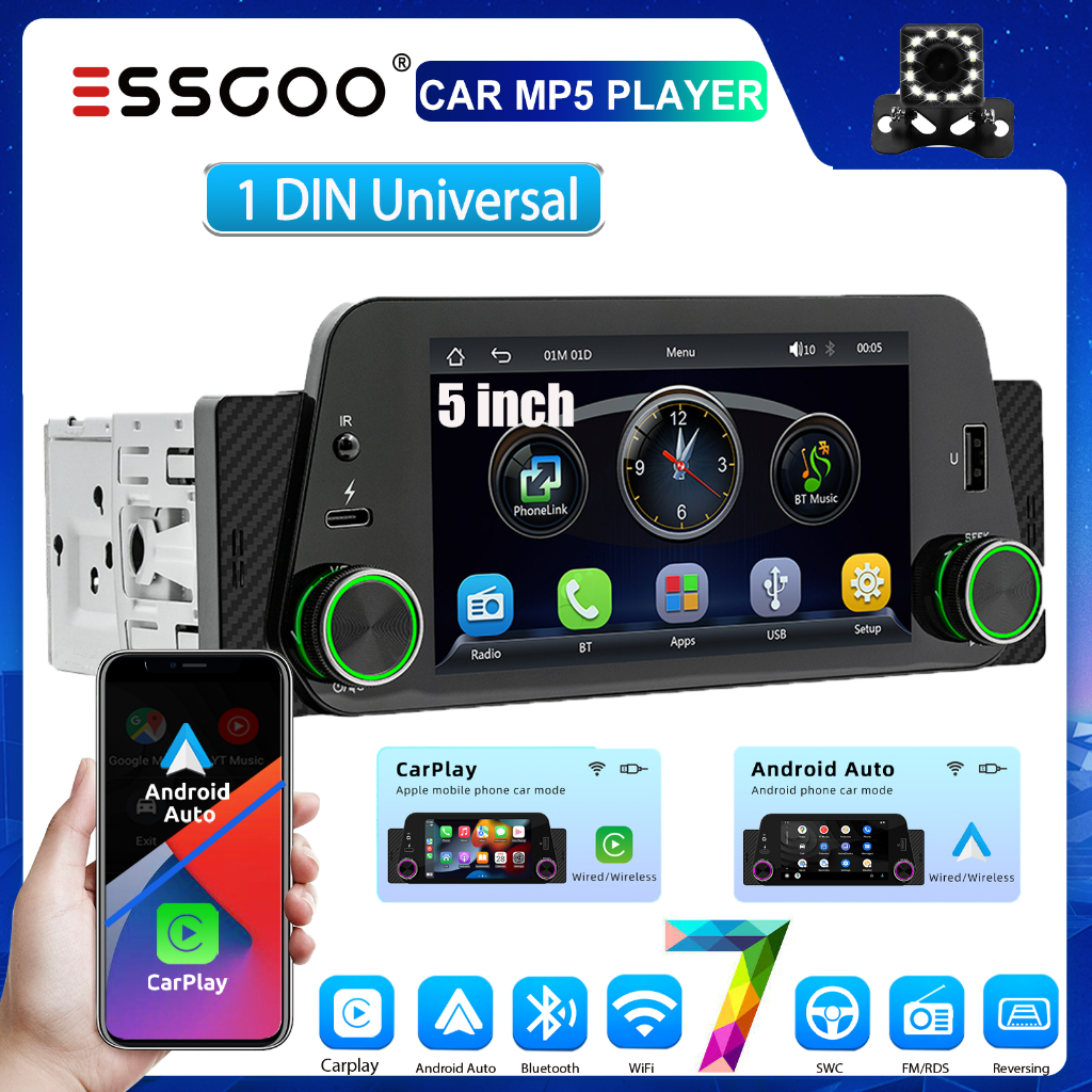 ESSGOO Universal Wireless Carplay Android Auto 1 Din 5 นิ้วเครื่องเล่นมัลติมีเดีย MP5 รองรับ ...