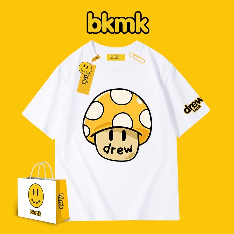 Drew-bkmk เสื้อยืดแขนสั้น ผ้าฝ้าย ทรงหลวม ลายหน้ายิ้ม สไตล์ยุโรป และ ...