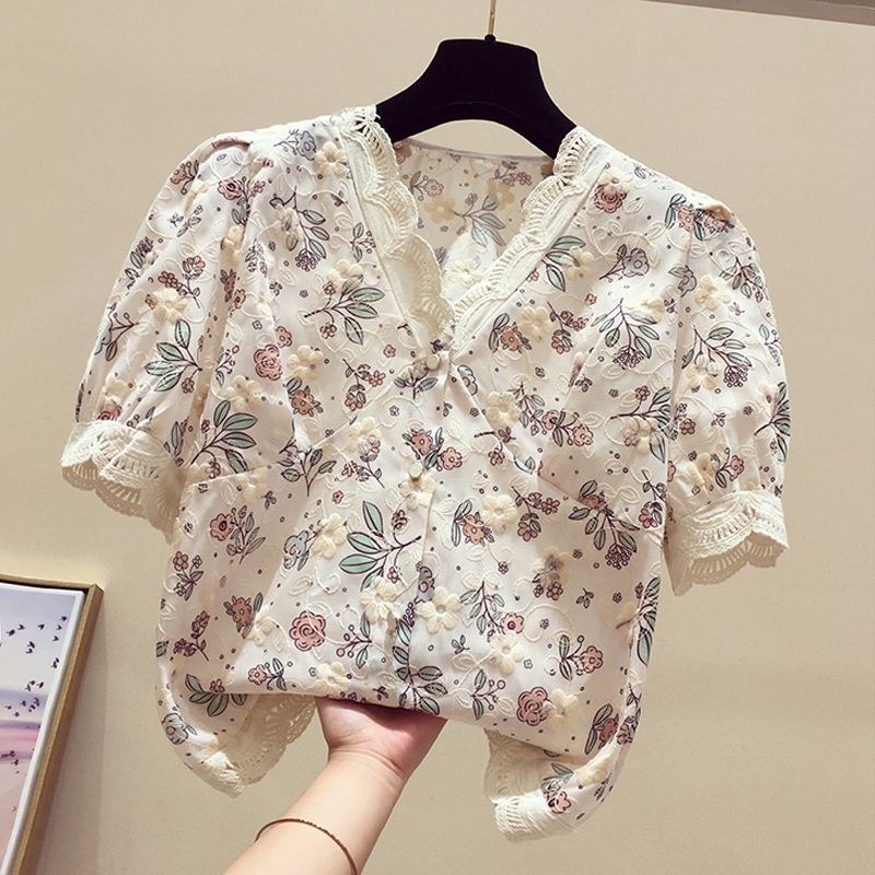 Afeg เสื้อเบลาส์ คอวี แขนสั้น ผ้าชีฟอง ปักลายลูกไม้ ทรงหลวม แฟชั่นสไตล์ ...