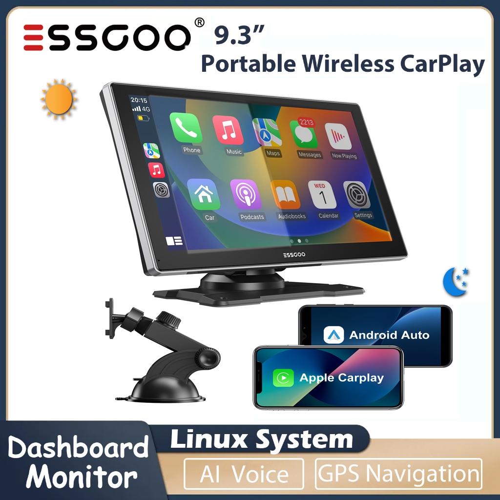 ESSGOO 9 inch Wireless Carplay Dashboard Monitor Portable Car Radio Automotive Multimedia Player ...