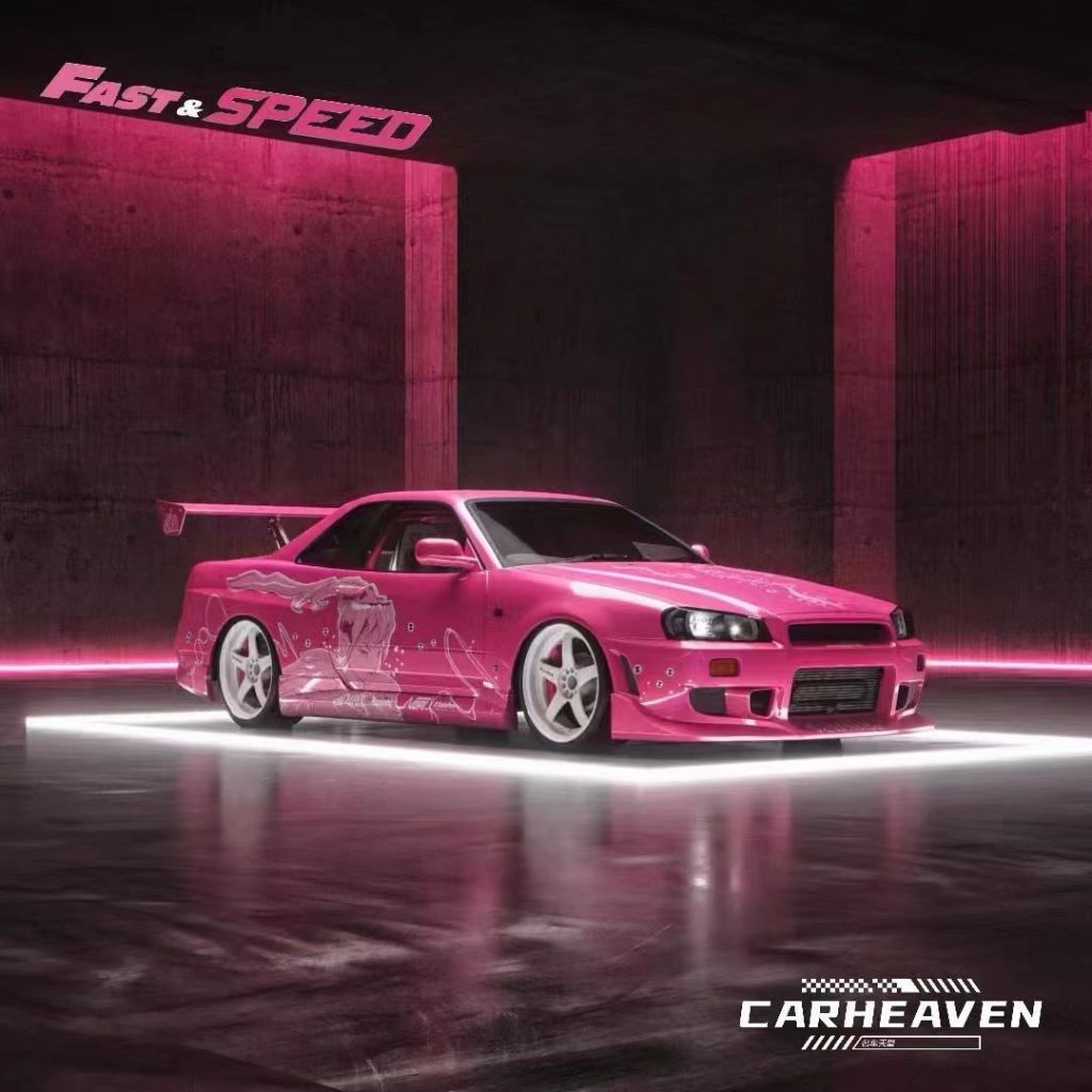 โมเดลรถยนต์ FS 1: 64 Skyline GTR R34 FNF อัลลอย ความเร็วสูง สีชมพู ...