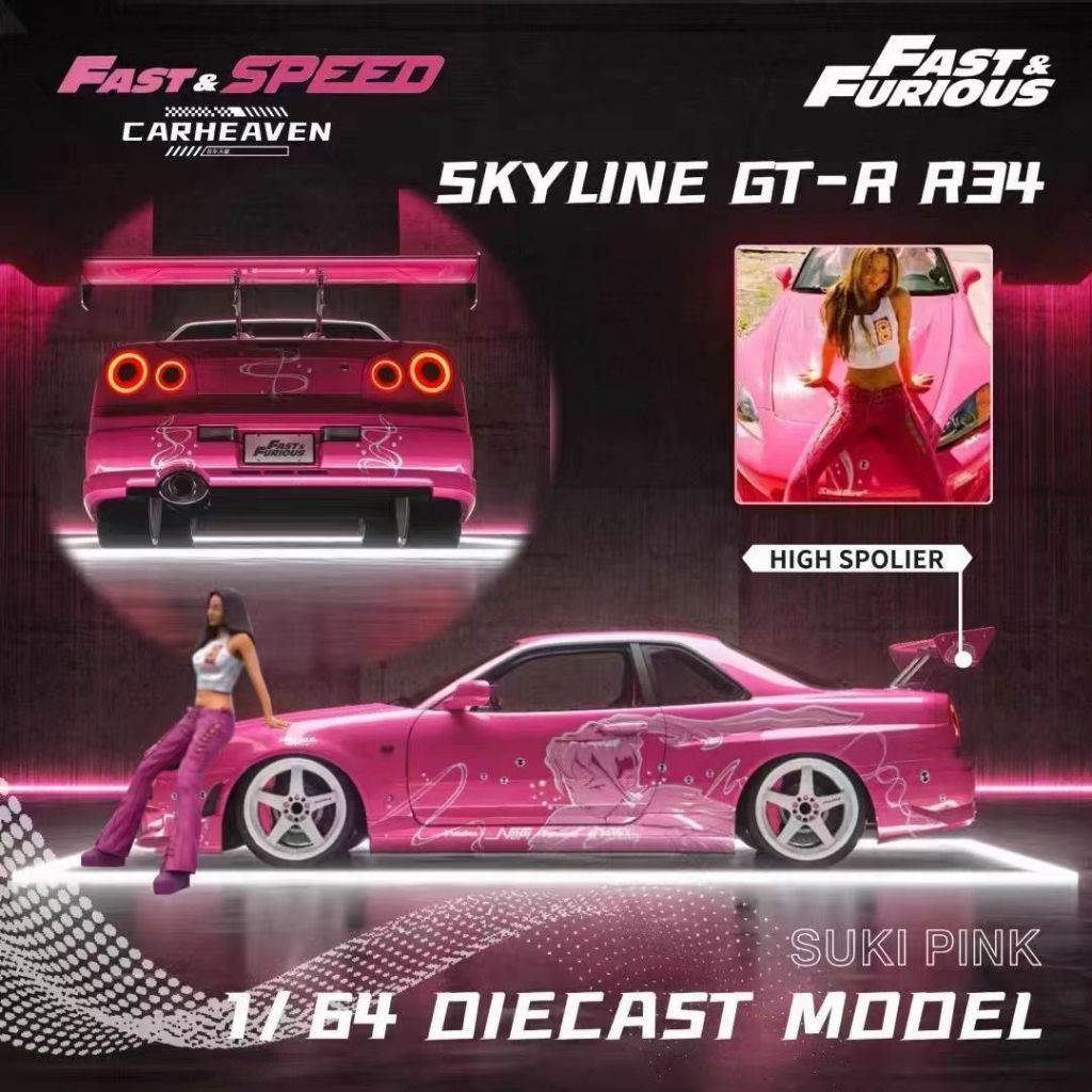 โมเดลรถยนต์ FS 1: 64 Skyline GTR R34 FNF อัลลอย ความเร็วสูง สีชมพู ...
