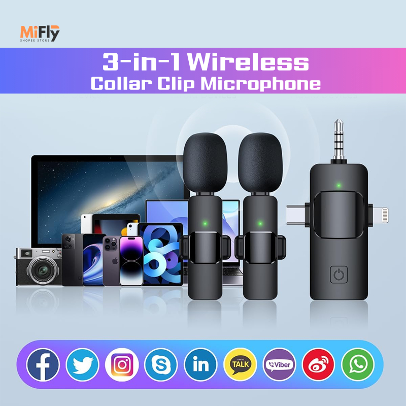 Mifly 3-in-1 ไมโครโฟนไร้สาย แบบคลิปหนีบ ไมโครโฟนส่งสัญญาณ และตัวรับ ...