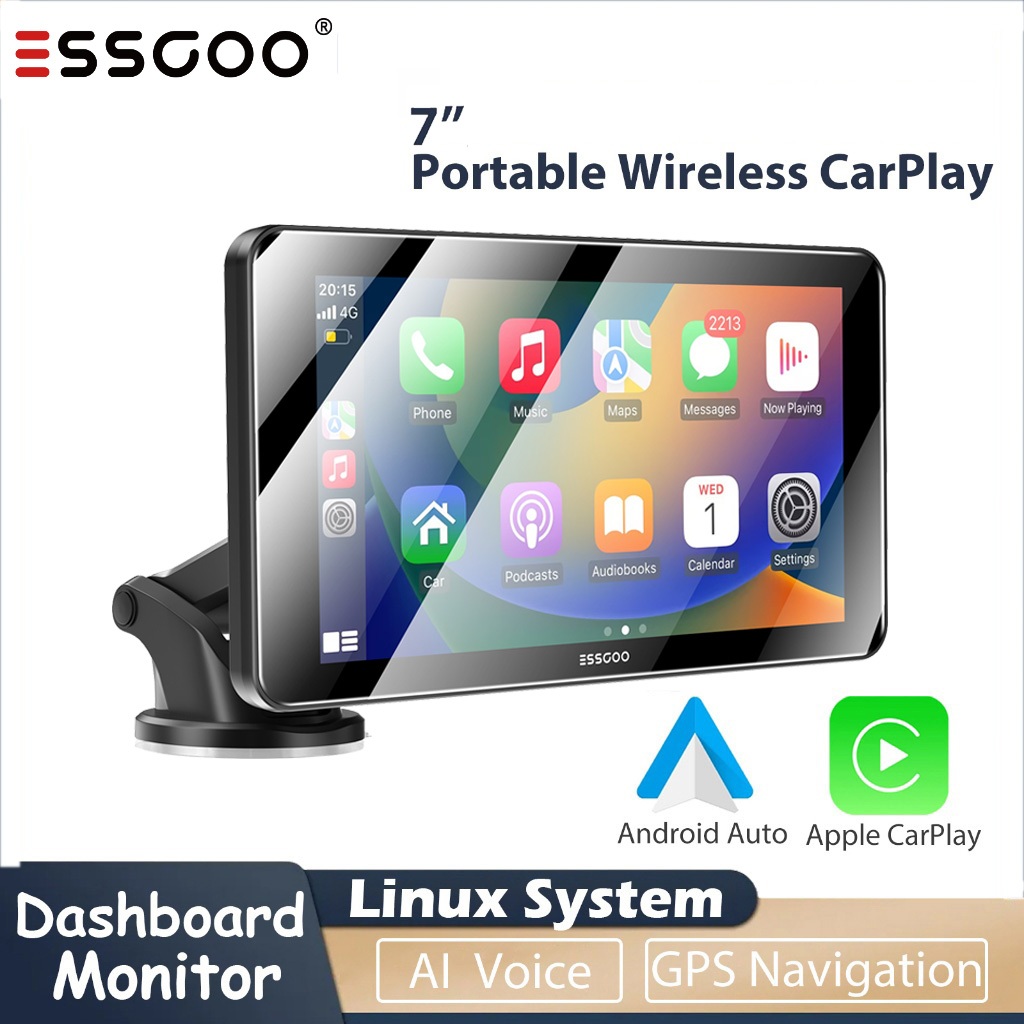 ESSGOO Wireless Carplay Dashboard Monitor Portable Car Radio Automotive Multimedia Player ...