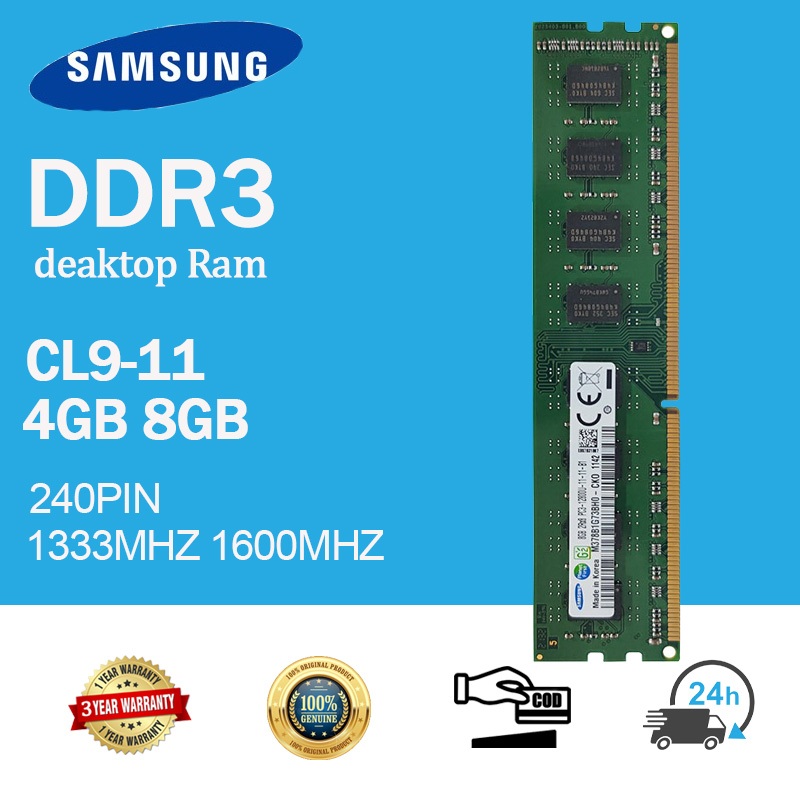 หน่วยความจําเกมมิ่ง Samsung 4GB 8GB DDR3 RAM 1333mhz 1600MHz DIMM PC3-10600 12800 1.5V | Shopee ...