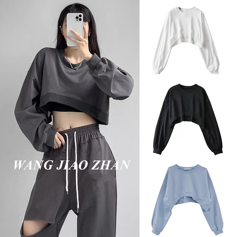 【WANG JIAO ZHAN】 4สี*เสื้อครอปแขนยาวทรงหลวมสไตล์เกาหลี，เสื้อกันหนาวผ้า ...