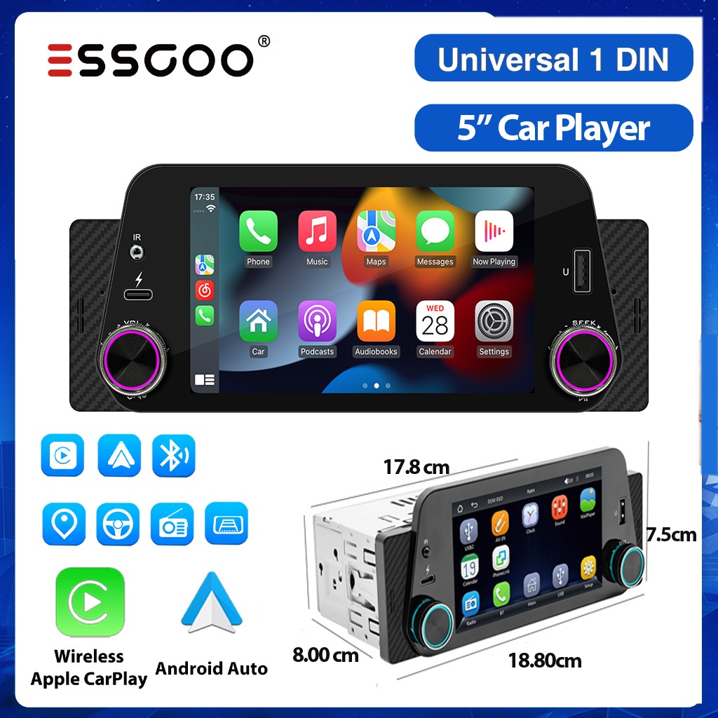 ESSGOO Wireless Carplay Android Auto 1 Din Android Car Player 5 inch ...