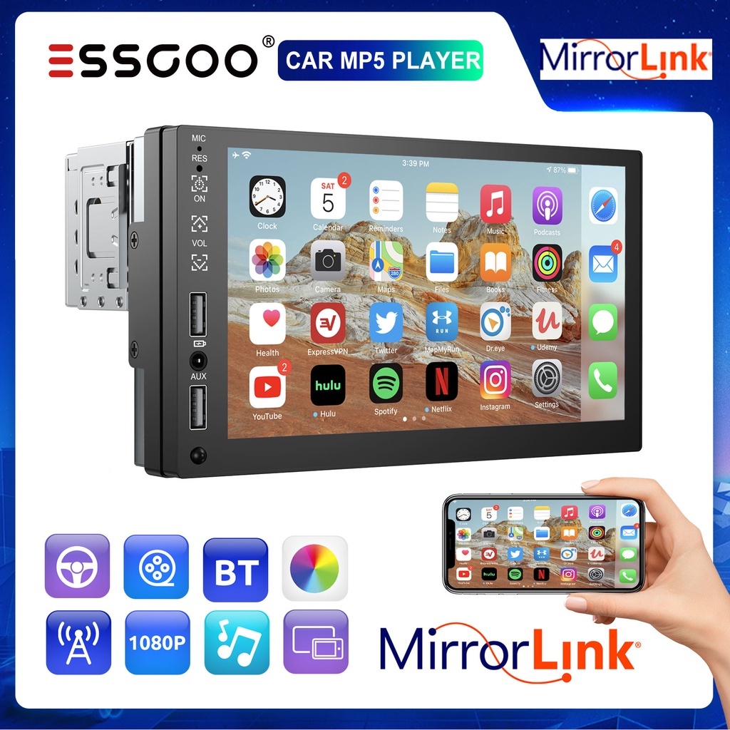 ESSGOO 1 Din Car Radio 7" Inch Touch Screen Mirror Link Central MP5 Car Player Bluetooth FM ...