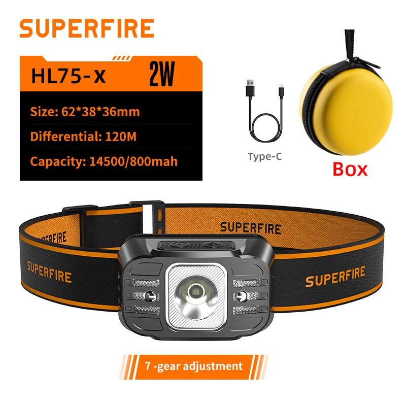 Superfire HL75 โคมไฟหน้า LED 7 โหมด Type-C ขนาดเล็ก ชาร์จได้ ปรับได้ ไฟ ...