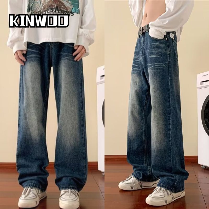 Kinwoo กางเกงยีน ขากว้าง ทรงหลวม แนวตรง สไตล์เรโทร แฟชั่นสําหรับผู้ชาย ...