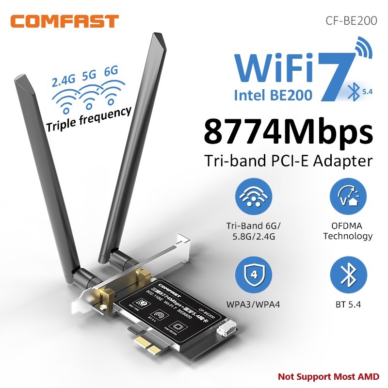 Comfast การ์ดเครือข่าย wifi 7 Intel BE200 8774Mbps PCI-E 2.4G&5G&6GHz Tri-band BE200NGW ชิป 802 ...