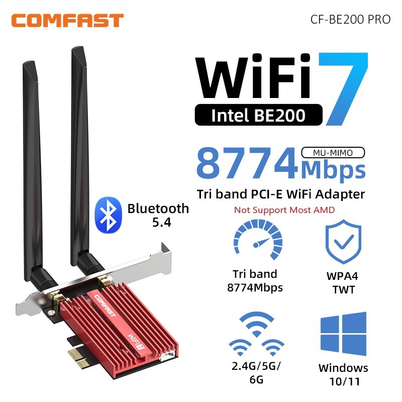 Comfast อะแดปเตอร์การ์ดเครือข่ายไร้สาย 8774Mbps WiFi 7 Intel BE200 บลูทูธ 5.4 PCI-E Tri Band 6G ...