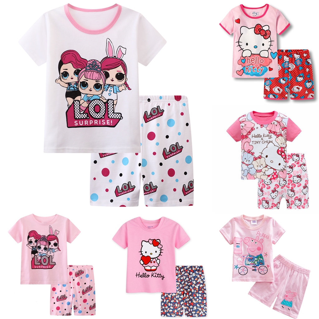 การ์ตูน LOL Peppa เด็กสาว KT ชุดนอน แขนสั้น เสื้อยืด เสื้อ + กางเกงขา ...