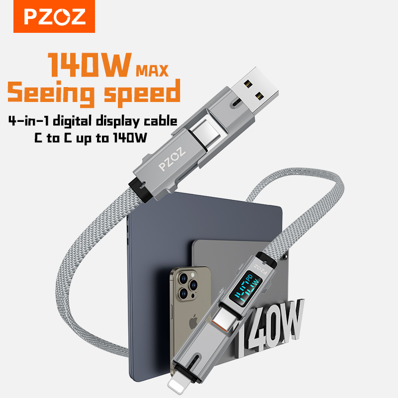 PZOZ 4 in 1 140W PD USB C สายเคเบิล จอแสดงผลดิจิตอล ชาร์จเร็ว สําหรับ ...