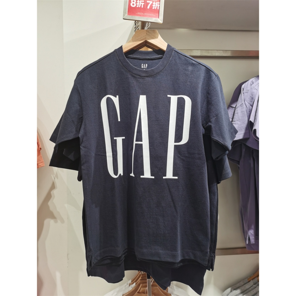 Gap โลโก้ผู้ชายและผู้หญิงผ้าฝ้ายแท้หลวมแขนสั้น T839897 809021 เสื้อคู่ ...