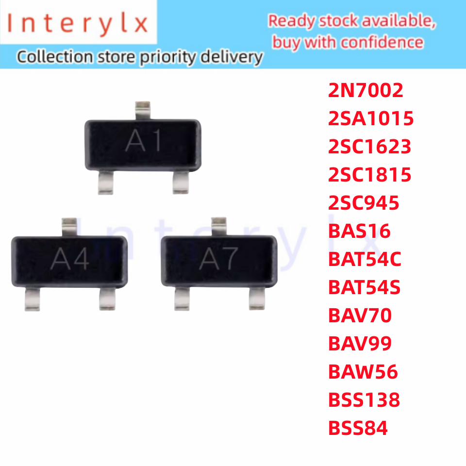 10 ชิ้น วงจรรวม SOT23 2N7002 2SA1015 2SC1623 2SC1815 2SC945 BAS16 BAT54C BAT54S BAV70 BAV99 ...