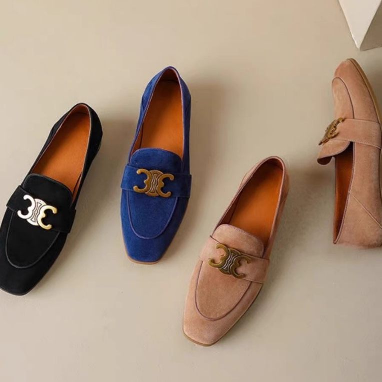 สีฟ้าวินเทจ Arc de Triomphe Lefu รองเท้าผู้หญิงหัวแบนส้นรองเท้า ...