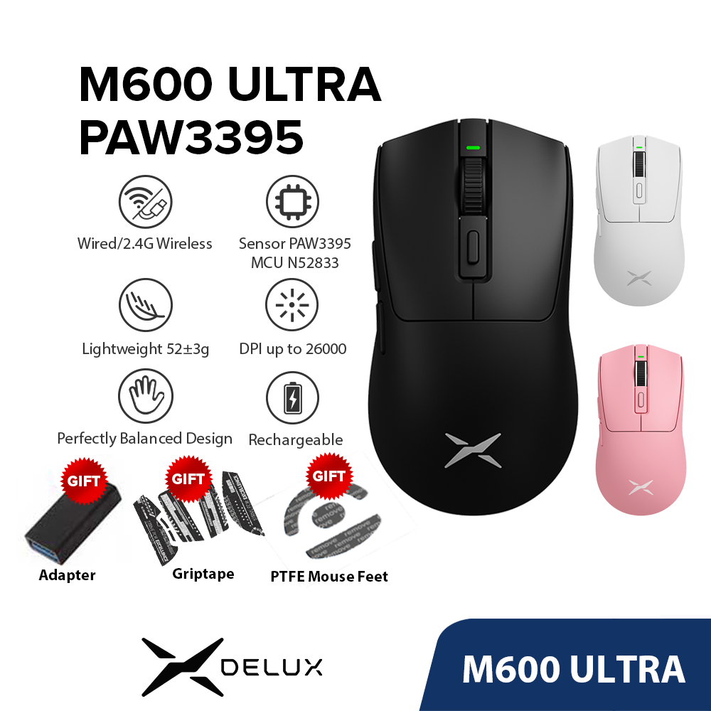 Delux M600 Series เมาส ์ สําหรับเล ่ นเกมแบบมีสายและไร ้ สาย DPI MAX 26000 PAW3395 PAW3311 52g ...