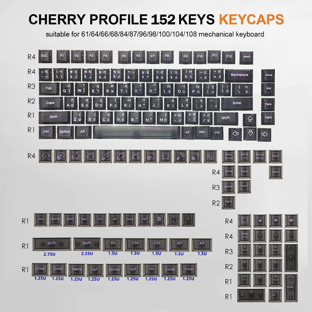 Keycap ใส ภาษาไทย สีดำ 152 Key Full Set, Custom Cherry Profile Keycaps ...