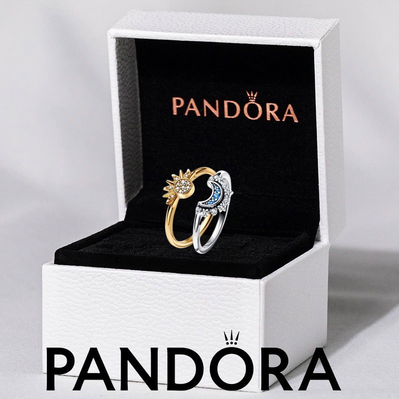 100% Pandora แหวนเงินแท้ S925จับคู่ celestial Sun & Moon Ring set ...