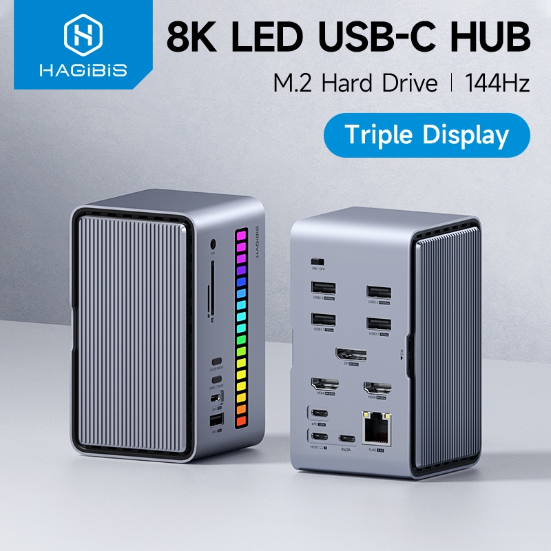 Hagibis Dual USB C Docking Station Triple Monitor ไฟ LED Strip USB-C ...