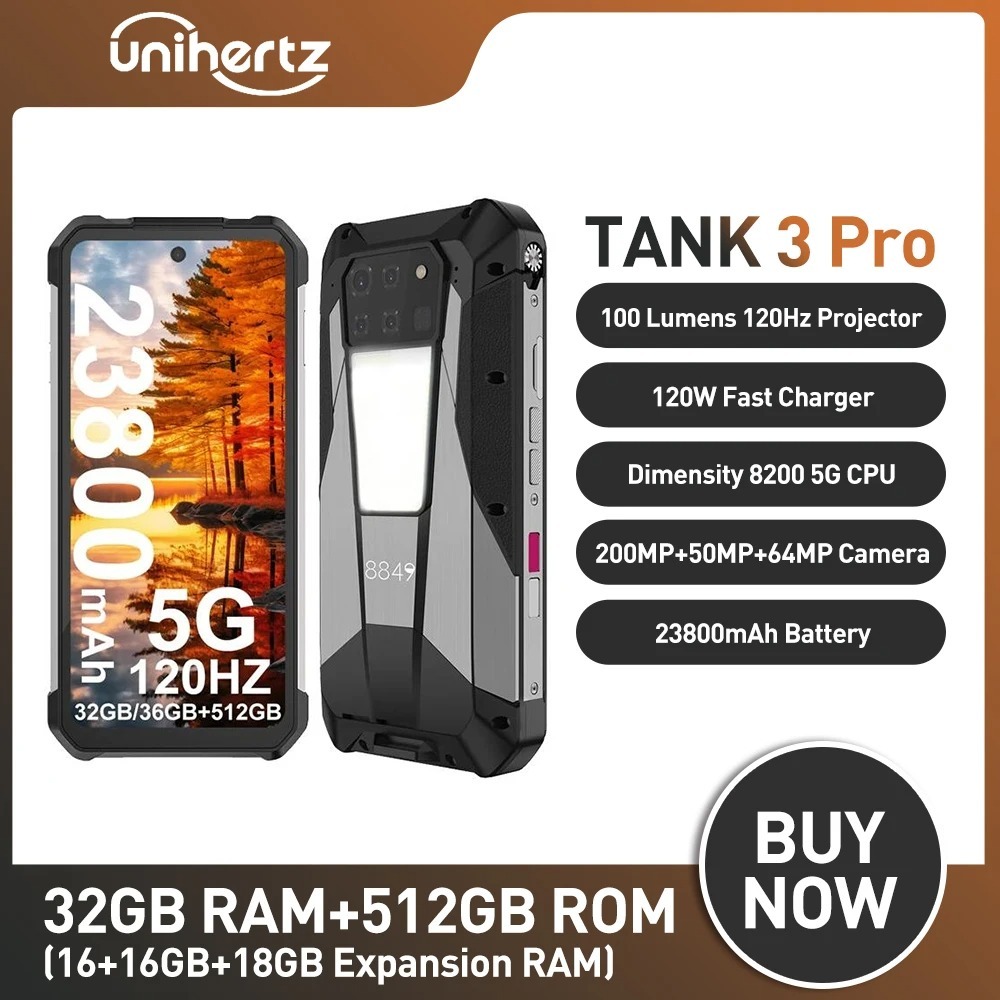 Unihertz Tank 3 Pro 8849 พร้อมโปรเจคเตอร์ 100 Lumens 120Hz แรม 32GB 36GB รอม 512GB รอม 23800mAh ...