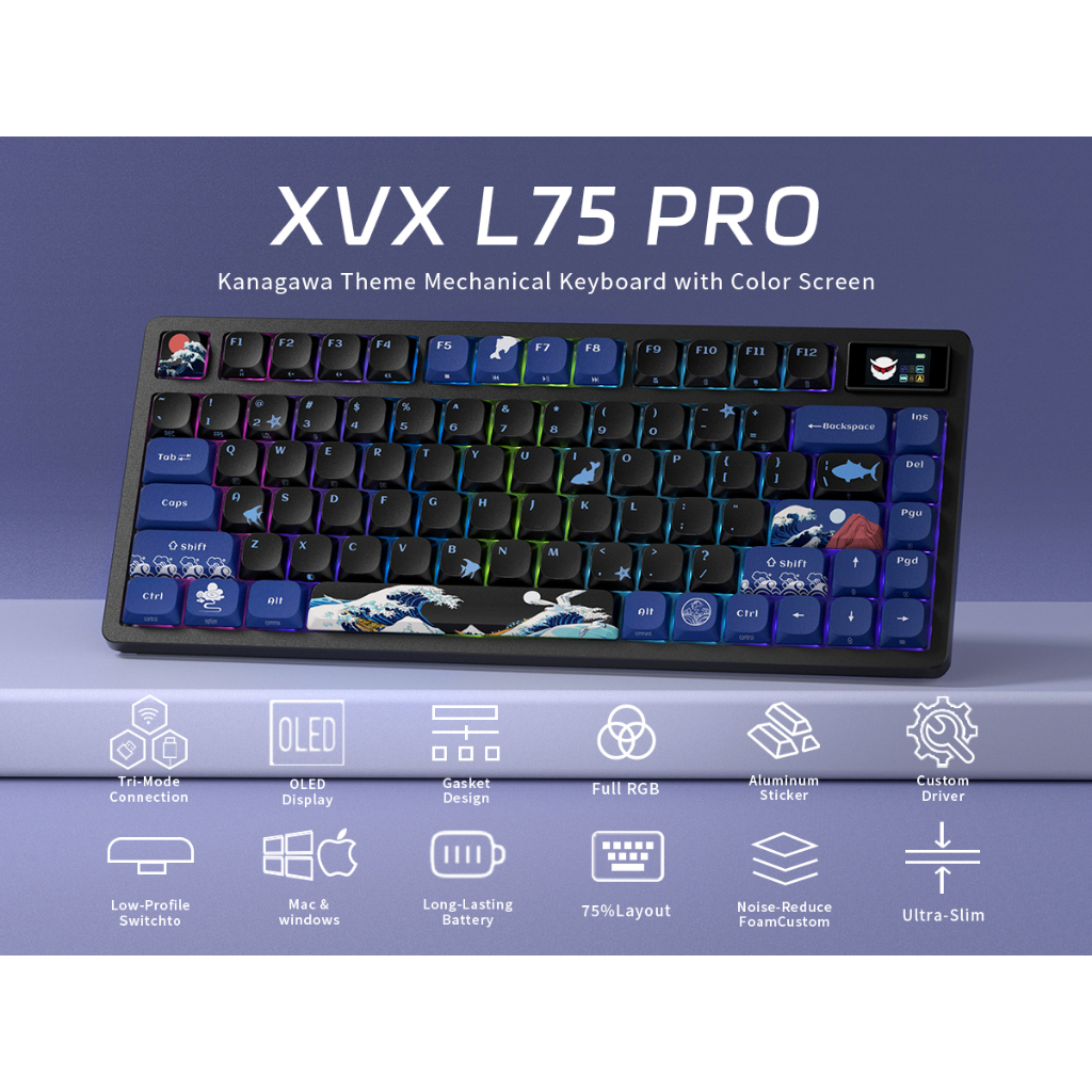 คีย์บอร์ด XVX 75% พร้อมจอแสดงผลอัจฉริยะสี L75 Pro Low Profile ปะเก็น ...